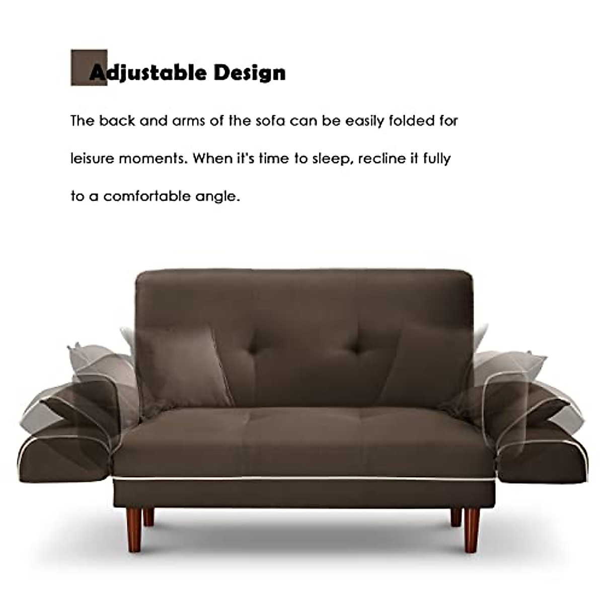 SoarFlash Convertible Futon Sofa Bed with 2 Pillows, Small Couch with Adjustable Armrest and Wood Legs, Upholstered Loveseats Furniture Low Back 2-Seat Sofa Couch with 5-Angle Backrest (Brown)