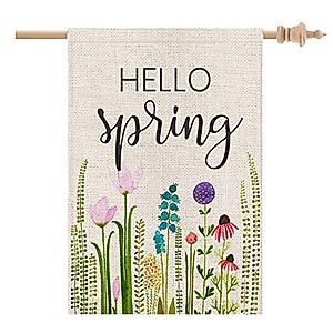 CROWNED BEAUTY Hello Spring Floral House Flag 28×40 Inch Large Vertical Double Sided Seasonal Outside Yard Flag CF094-28