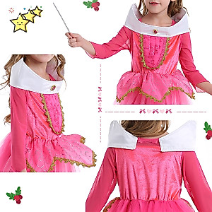 iTVTi Girls Princess Dress Up Halloween Party Costume with Crown Wand Earrings Ring, Pink, 5-6 Years (Label 130)