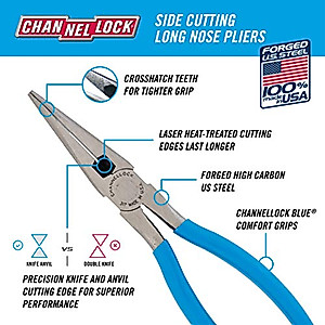 Channellock 317 8-Inch Long Nose Plier with Side Cutter | Needle Nose Pliers with Knife and Anvil - Style Side Cutter | Crosshatch Jaw Forged from High Carbon Steel for Maximum Grip on Materials | Specially Coated for Rust Prevention | Comfort Grips , Blu