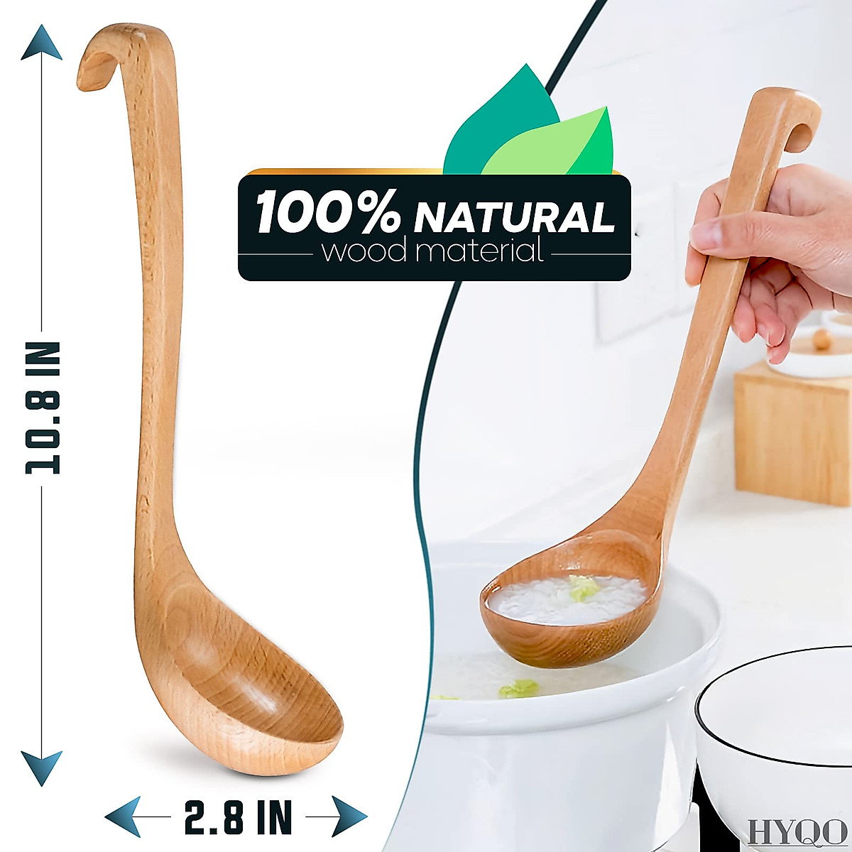 Wooden Ladle for Soup - 10.8x2.8" Wood Ladle with Deep Scoop, Hanging Hook, and Lacquer Coating for a Comfortable Grip, Easy to Clean and Store - Hard Thermostable, Long Soup Spoon for Kitchen