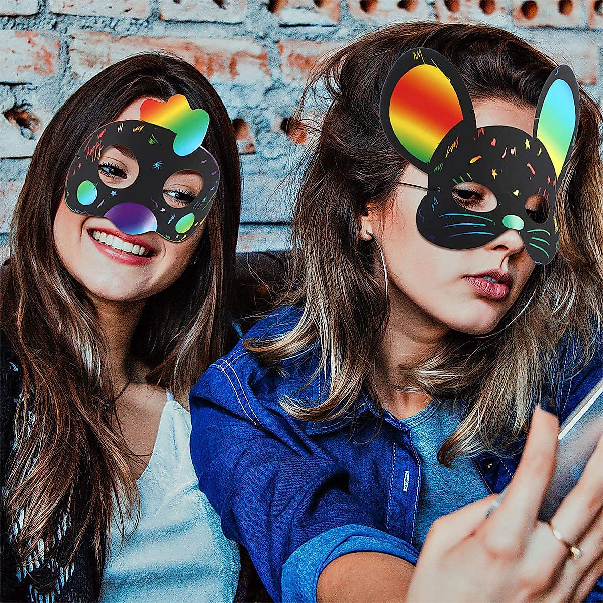 Fantasyon 36Pcs Halloween Scratch Paper Masks, Rainbow Scratch Paper Halloween Mask Craft Kit Skeleton Cat Witch Pumpkin Bat Mask Decorations for Animal Birthday Party Halloween Dress-Up DIY Gift