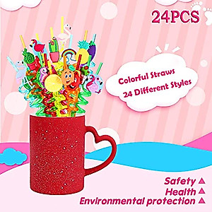 FZR Legend 24 Flamingo Fruit Cactus Reusable Plastic Straws,Hawaiian Beach Cocktail Luau Party Decorations Supplies Favors (24 SET)