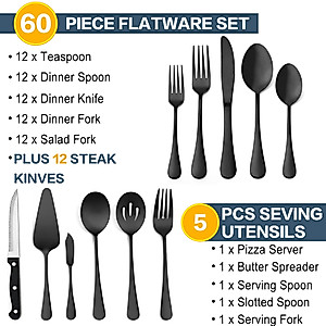 LIANYU 77-Piece Matte Black Silverware Set with Steak Knives and Serving Utensils, Modern Stainless Steel Flatware Cutlery Set for 12, Fancy Eating Utensils Tableware, Dishwasher Safe