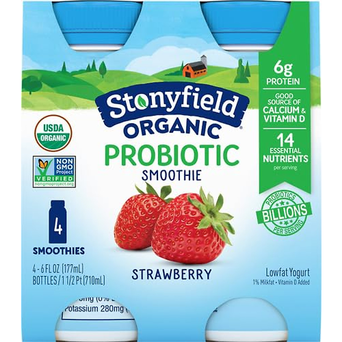 Stonyfield Organic, Low Fat Strawberry Smoothie, 6 oz, 4 Count
