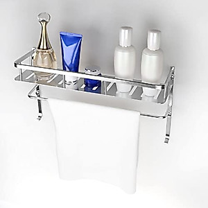 Qtqgoitem Wall Mounted Aluminum 1 Layer Bathroom Shelf Basket with Hooks Towel Bar Shower Caddy Storage Organizer, DIY Toliet Rack Holder, Tone, 42 x 17 x 12cm (Model: 56f 736 71b 712 f97)