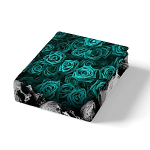 Erosebridal Sugar Skull Bedding Set Teal Floral Comforter Cover Gothic Skull Hipster Duvet Cover Set for Kids Teen Boys Girls Skeleton Bones Blossoms Bedclothes 3Pcs King Size Fashion Bedroom Decor