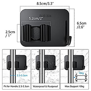 Drek Crek Mop Broom Holder Wall Mounted Heavy Duty No Drill, Adhesive Mop Broom Organizer, 304 Stainless Steel Mop Hanger Wall Mount Stick on w Hooks for Bathroom,Kitchen,Closet,Garage,Garden, 4PCS