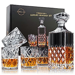 Lighten Life Whiskey Decanter Set,Italian Style Decanter Set with 4 Glasses in Gift Box,Crystal Bourbon Decanter Set for Scotch,Liquor,Whiskey Decanter Set for Men and Women