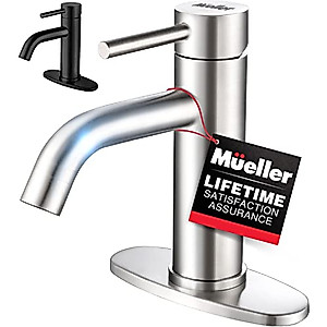 Mueller Premium Single-Hole Bathroom Sink Faucet, Single-Handle with Drain Assembly, Deck Plate for 1-Hole and 3-Holes Installations, Stainless Steel Brushed Nickel Finish, Supply Lines Preassembled
