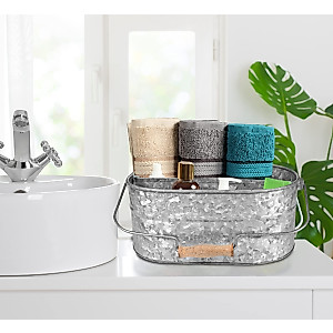 Goroly Home Galvanized Metal Caddy Storage Bin with Wooden Handle, 4 Compartments, Rustic Farmhouse Decor for Kitchen, Garden, Patio, Laundry Room (Antique Grey)