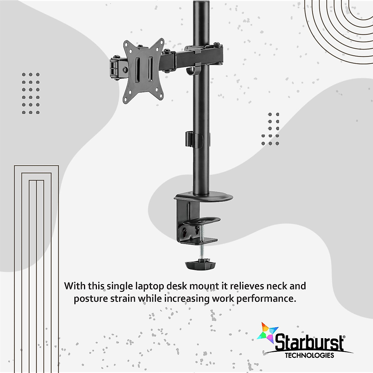 Starburst Technologies Flexion Series Desk Mount Monitor Stand, Heavy Duty Fully Adjustable Stand for LED-LCD Monitor up to 27" w/Grommet Desk Mount, Single-Monitor Steel Articulating Monitor Mount