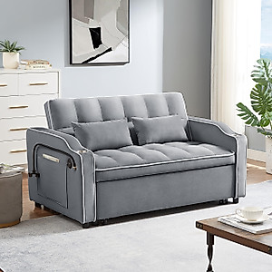 Lakifun Convertible Sleeper Sofa Bed, Modern Velvet Loveseat w/Pull Out Couch, 54.7" Loveseats Sofa w/Adjsutable Backrest, Cup Holders and USB Port, Swivel Phone Stand,Grey