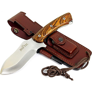 JEO-TEC Nº35 Bushcraft Survival Hunting Camping Fixed Blade Knife, MOVA-58, 10'' Overall, Genuine Leather Multi-Position Sheath + Firesteel + Sharpener Stone, Handmade
