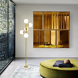 KCO Lighting 5-Light Frosted White Glass Globe Floor Lamp Mid Century Modern Gold Tall Pole Standing Light LED Standing Lamps with Foot Switch for Home Office (Gold)