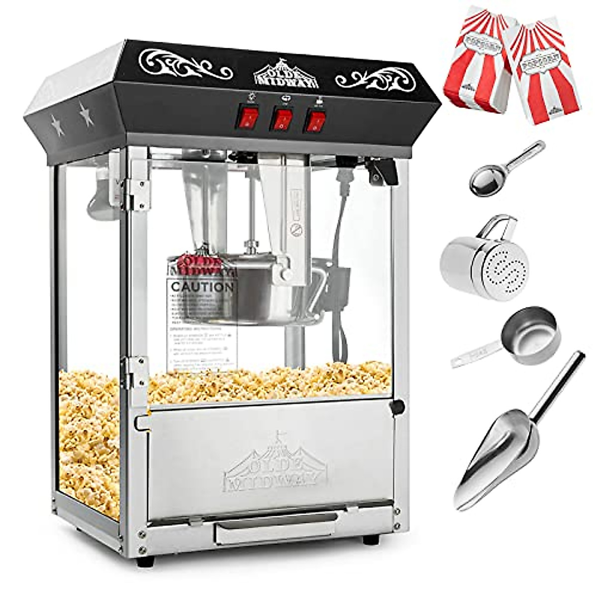 Olde Midway Bar Style Popcorn Machine Maker Popper with 8-Ounce Kettle - Black
