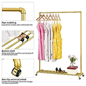 BOSURU Industrial Pipe Rolling Clothing Rack Garment Rack with Wheels Retail Display Clothes Racks Perfect for Laundry Rooms Bedrooms or Boutiques Gold