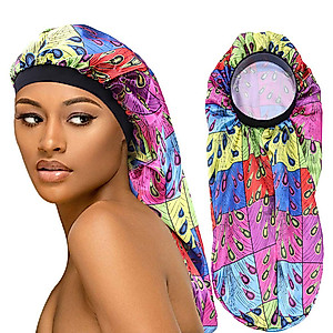 Vinyl Quote Me Extra Long Colorful Satin Bonnet Sleep Cap Long Bonnet for Braids Hair Loose Cap (Colorful Peacock)