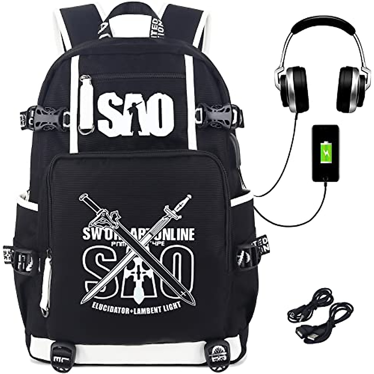 Roffatide Anime Sword Art Online Backpack Luminous School Bag SAO Laptop Backpack with USB Charging Port & Headphone Port