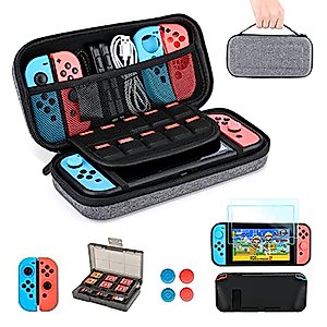 Switch Accessories Kit, innoAura 11 in 1 Accessories Kit with Carrying Case, Game Card Slot Holder, TPU Cover, J-con Covers, Thumb Caps, Tempered Glass Screen Protectors for NS Switch