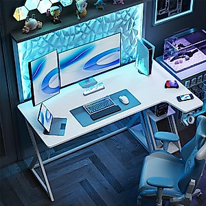CubiCubi Aurora Gaming Desk with Carbon Fiber Surface, 55 Inch L Shaped Desk with Storage Shelves, Small Corner Computer Desk with Monitor Shelf, Gamer Desk PC Table, White