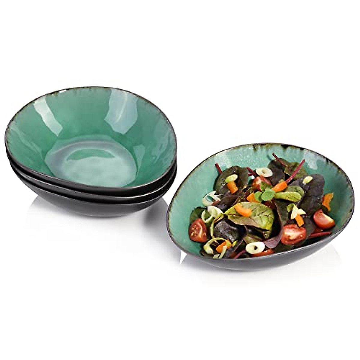 Sänger | Pasta plate Palm Beach 4 pieces, spaghetti plate for 4 people, stoneware crockery set for pasta, handmade pasta plate dishwasher safe, stoneware plate for pasta dishes, pasta bowl | 1,2L