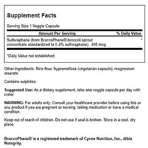 Swanson Sulforaphane - Broccoli Sprout Extract Supporting Cellular, GI Tract, and Liver Health - Natural Supplement Standardized to 0.4% Sulforaphane - (60 Veggie Capsules, 400mcg Each)