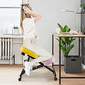Giantex Height Adjustable Kneeling Chair - Seat Height from 20.5” to 26.5”, Adjustable Stool with Smooth Wheels, Foam Padded Cushions, Ergonomic Kneeling Chair for Office, Home, Yellow/Pink