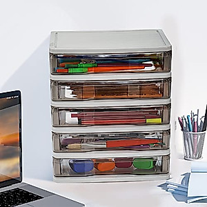 DEAYOU 5 Drawer Desktop Storage Bin Unit, Small Plastic Organizer, White Frame with Clear Drawer, Mini Container Case for Desk, Storing Craft, Accessory, Stationery