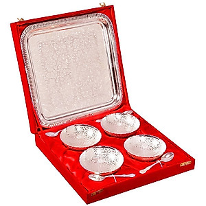 PARIJAT HANDICRAFT Silver Plated Brass Bowl Set with Tray - Pack of 9