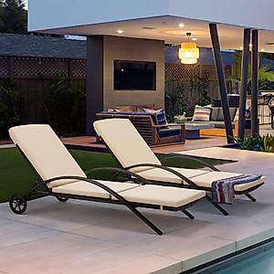 HOMREST Outdoor Chaise Lounge Chair Set of 2, Patio Loungers with Mobility Wheels and Detachable Cushion, Wicker Lounge Chairs for Outside, Patio, Porch, Backyard (Khaki)