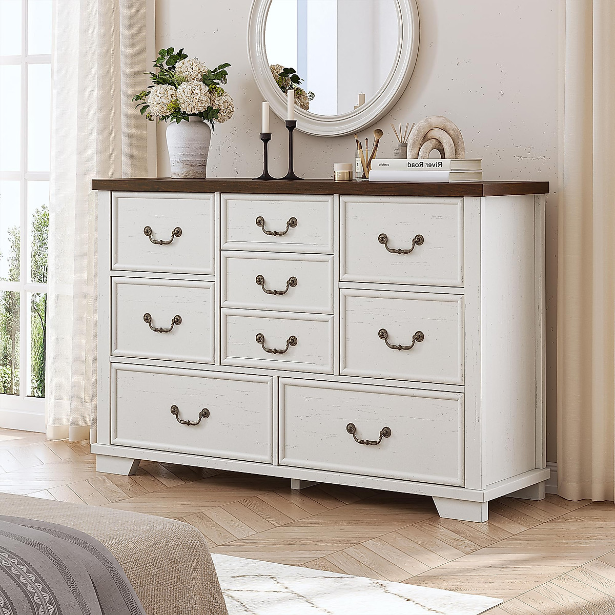 EnHomee Dresser for Bedroom with 9 Drawers, Rustic Wood Dressers & Chests of Drawers with Antique Handles and Smooth Rail, 51.97" Long Dresser TV Stand for Sitting Room, Entryway, Antique White