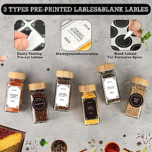 VIVAIVE Spice Jars with Labels,24 Pcs 4oz Glass Spice Jars with Bamboo Lid and 648 Waterproof Printed Labels,2 Salt and Pepper Grinder Set,Empty Spice Containers Bottles for Pantry,Cabinet,Drawer