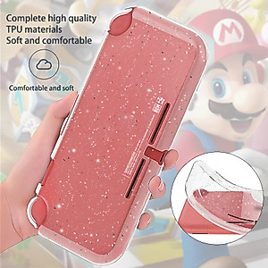 DLseego Carrying Case for Nintendo Switch lite, Newest Design Portable Travel Carrying Case 4 in 1 Accessories Kit with 1 Pcs Glitter case, 2 Pcs Screen Protectors and 4 PcsThumb Grips Caps -- Pink