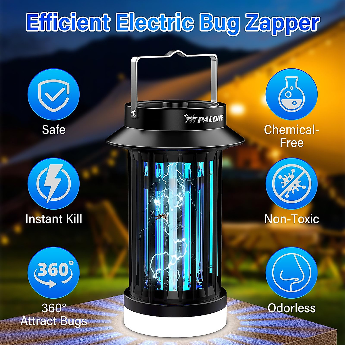PALONE Bug Zapper for Outdoor Indoor, Mosquito Zapper Rechargeable Fly Killer, Portable Electric Fly Traps, Mosquito Killer, Insect Pest Control with LED Light for Backyard, Patio, Camping, Fishing