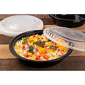 AmerCare 9 Inch Round Black Plastic Containers with Lids, 48 Ounces for Microwave or Freezer, Pack of 150