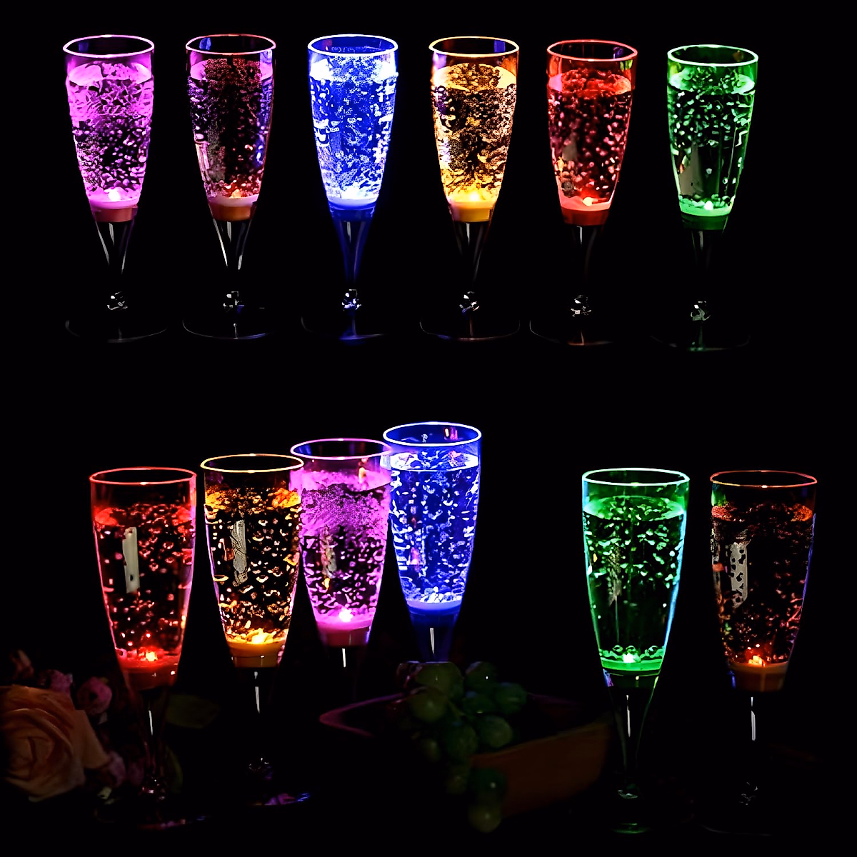 LED Light Up Cups Wine Champagne Flutes Set of 6 Party Favors Adults, Colored Plastic Champagne Flutes Drinking Glasses Glow in the Dark Colorful Glowing Cups for Birthday Christmas Halloween Weddings