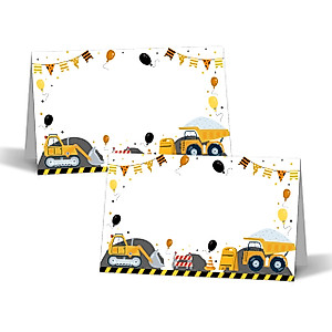 Construction Table Place Cards - 25PCS Tent Cards - Dump Truck Themed Food Lables - Name Place Cards for Table Setting - Name Cards for Birthday Party Baby Shower - Scored for Easy Folding -01