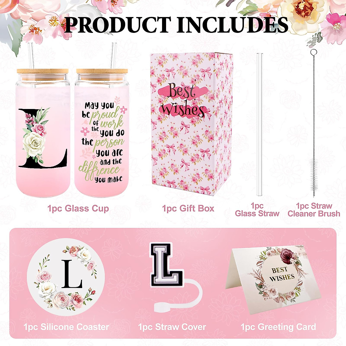 WINOWIMO Initial Glass Cups with Lids and Straws, Personalized Gifts for Women, Iced Coffee Cup Glass Tumbler, Birthday Bridesmaid Proposal Inspirational Customized Christmas Gifts for Women Girls (L)