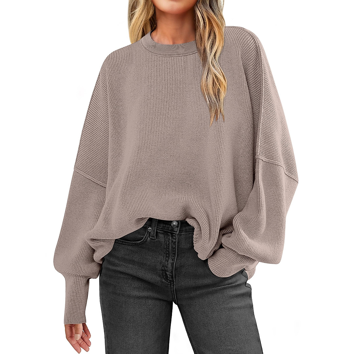 ANRABESS Women Crewneck Batwing Long Sleeve 2024 Fall Oversized Side Slit Ribbed Knit Pullover Sweaters Top Cozy Outfits Pink Apricot Large