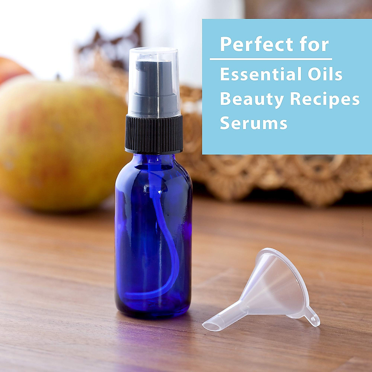 JUVITUS 1 oz Cobalt Blue Glass Boston Round Bottle with Black Treatment Pump (12 pack) + Funnel