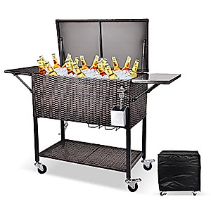 OKIDA Rolling Wicker Cooler Cart Outdoors, 80 Quart Ice Chest with Bottle Opener, Portable Beverage Bar for Patio Pool Party, Rattan Cooler Trolley with Stainless Cutting Board and Waterproof Cover