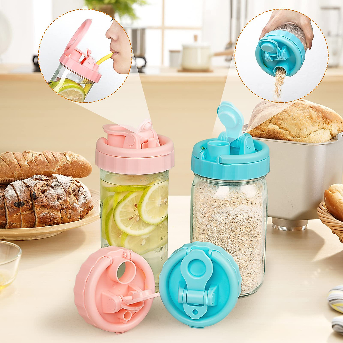 Mason Jar Lids, Wide Mouth Flip Cap Mason Lids with Straw Reusable Drinking Canning Lids Leak-proof Airtight Seal Easy Pouring Spout for Milk Coffee Lemonade Salad Dressings(Pink, Blue, 2)