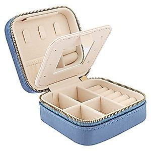 DesignSter Travel Jewelry Box - Velvet Mini Jewelry Organizer, Small Jewelry Case for Girls Women, Jewelry Storage Box for Rings Earrings Necklace (Square, Blue Fog)