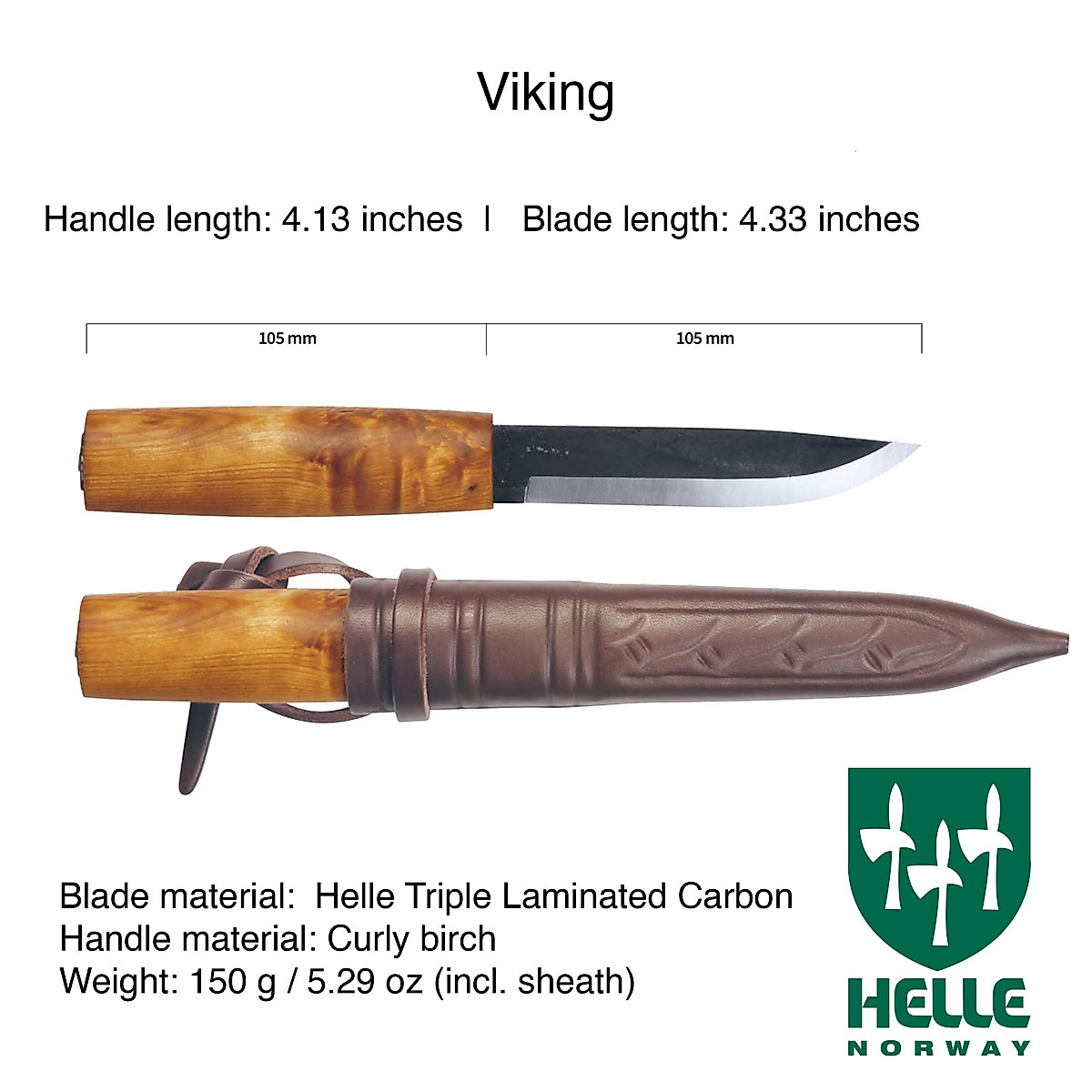 HELLE Knives - Viking - Fixed Blade - Historic Knife - Birch Wood Handle - H3LC Stainless Steel - Stick Tang - Made in Norway