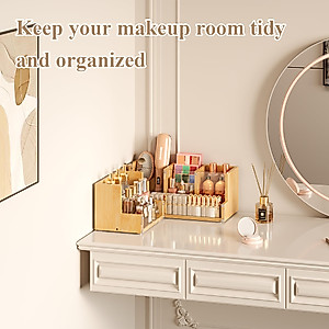 LUMAMU Bamboo Bathroom Organizer with Acrylic Panels, Corner Countertop Storage for Hair Dryer, Cosmetics, and Toiletries, Multipurpose Vanity Caddy for Home, Makeup, and Bathroom Essentials