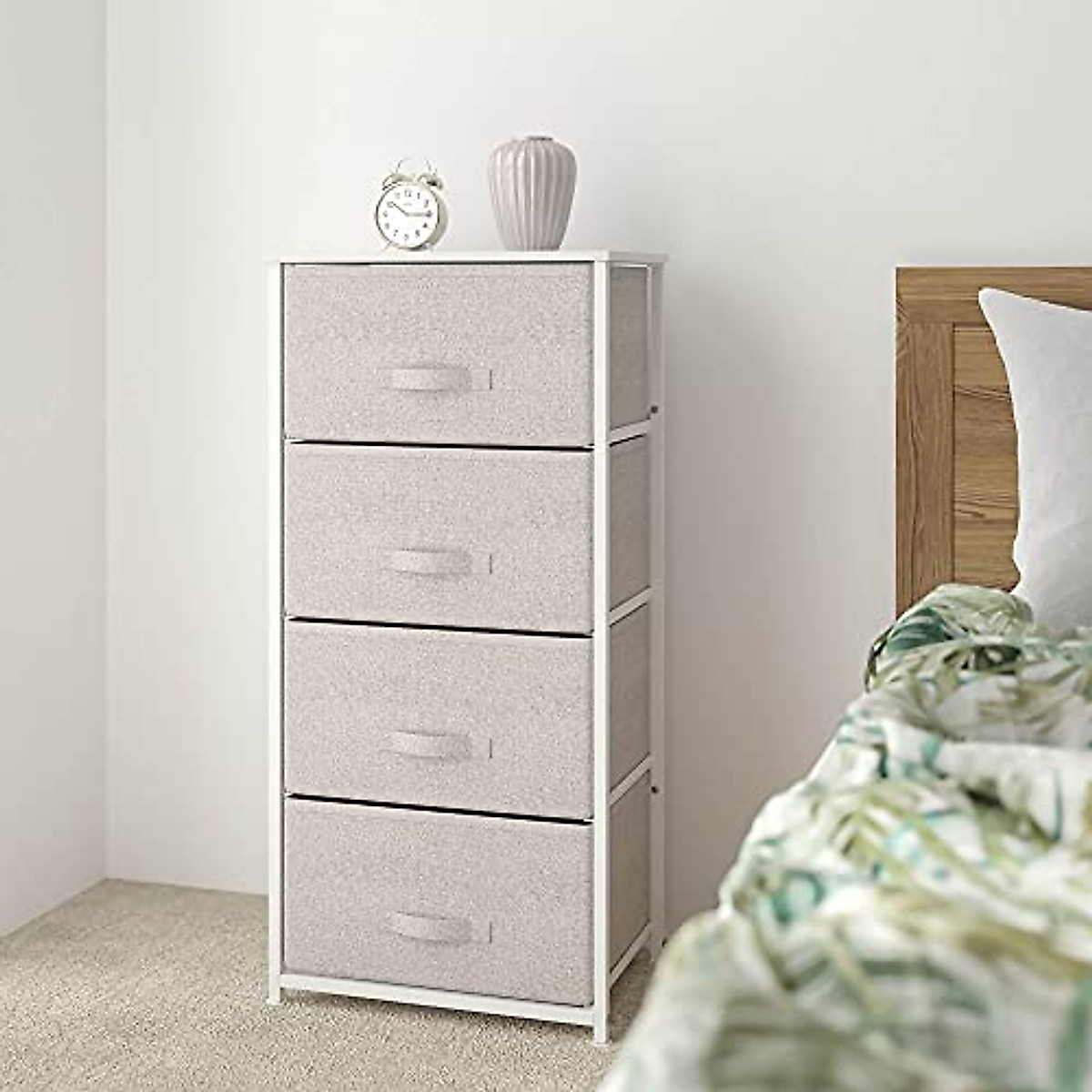 Flash Furniture 4 Drawer Storage Dresser - White Cast Iron Frame and Wood Top - 4 Easy Pull Light Gray Fabric Drawers