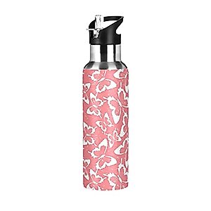 Water Bottle with Straw Lid 20oz Pink Butterfly Reusable Vacuum Insulated Stainless Steel Water Bottles, Leak Proof, BPA-Free.