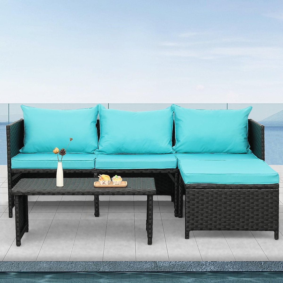 Valita 3-Piece Outdoor PE Rattan Furniture Set Patio Black Wicker Conversation Loveseat Sofa Sectional Couch Turquoise Cushion