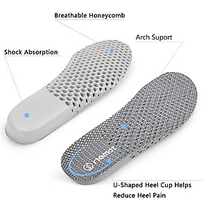 riemot Men's Shoe Insoles, Breathable Honeycomb Design Sport Shoe Insoles with Arch Support Cushioning Shoe Inserts Replacement Innersoles for Water Shoes Sneakers Work Shoes Grey EU 45 /US 12